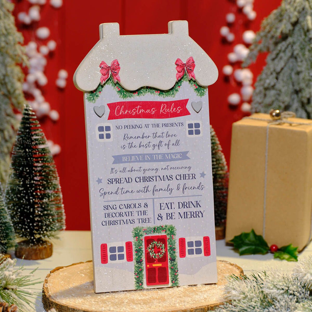Christmas Cottage Christmas Rules Wood Plaque With 3D Hearts ...