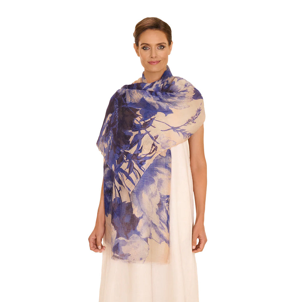 Powder Linen & Cotton Mix Scarf - China Blue Blooms – DeWaldens Garden ...